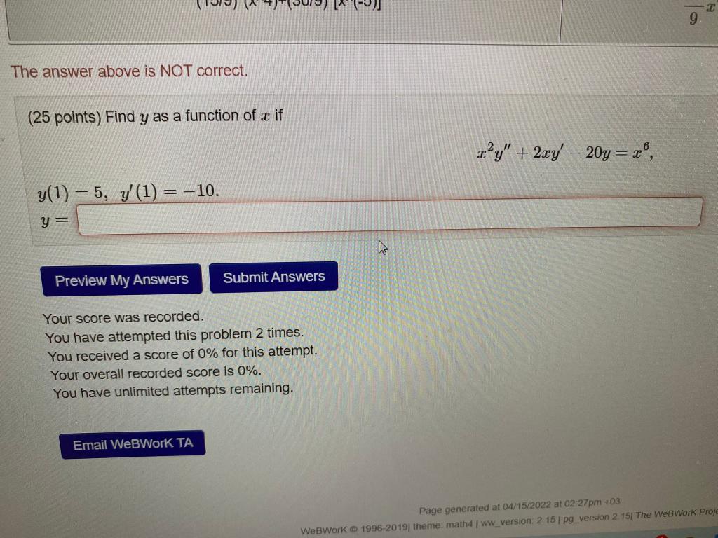Solved Find y as a function of x if x2y′′+2xy′−20y=x6, | Chegg.com