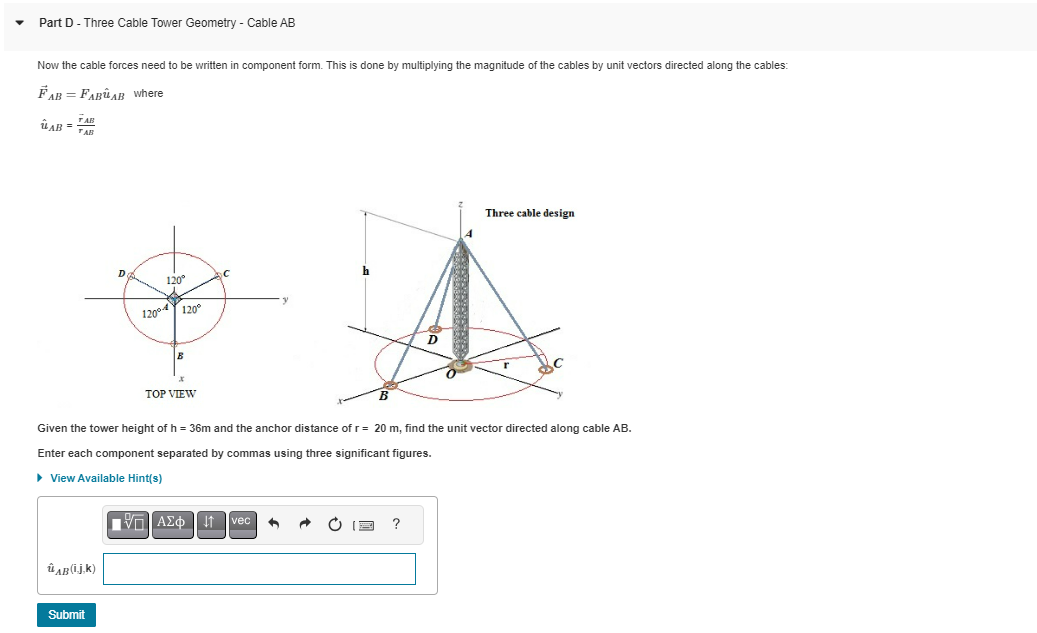 Solved Part E - Three Cable Tower Geometry - Cable AC Next, | Chegg.com