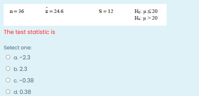 Solved n=36x=24.6 S=12 The test statistic is Select one: a. | Chegg.com