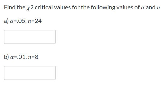 Solved Find the x2 critical values for the following values | Chegg.com