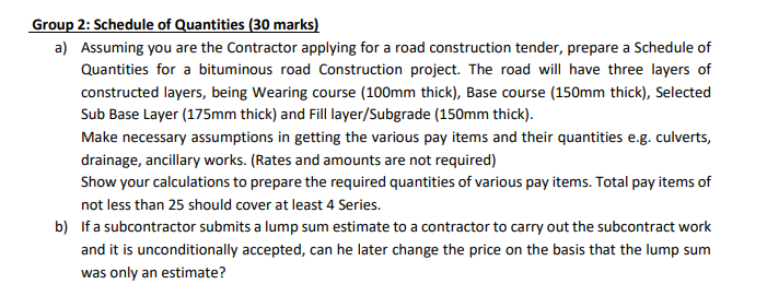 Group 2: Schedule of Quantities (30 marks) a) | Chegg.com