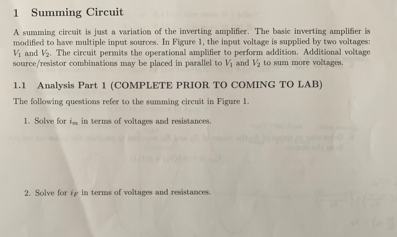 Solved 1 Summing Circuit A summing circuit is just a | Chegg.com