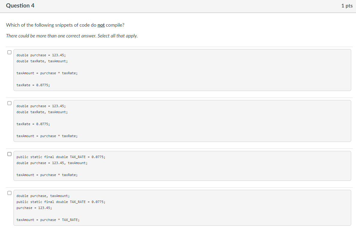Solved Question 4 1 pts Which of the following snippets of | Chegg.com