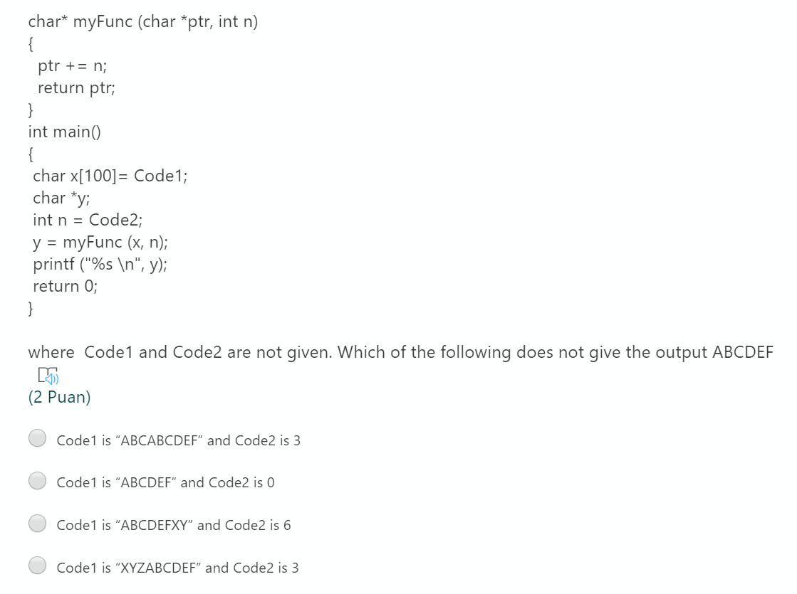 Solved char* myFunc (char *ptr, int n) ptr += n; return ptr; | Chegg.com