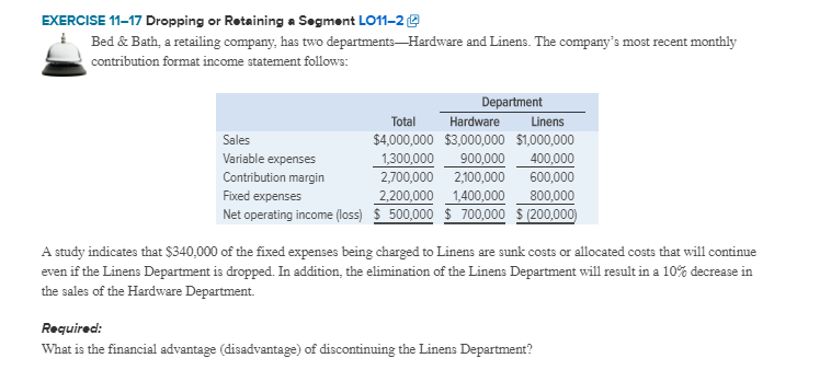 Solved EXERCISE 11-17 Dropping or Retaining Segment L011-2 @ | Chegg.com