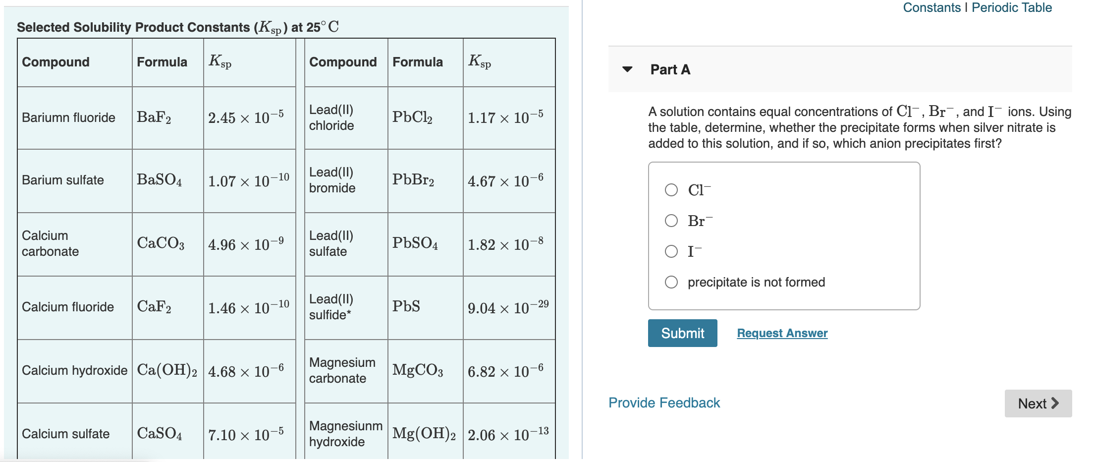 Solved Constants | Periodic Table Selected Solubility | Chegg.com