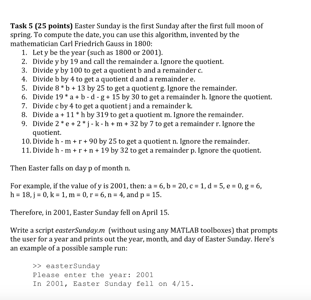 Solved Task 5 (25 points) Easter Sunday is the first Sunday | Chegg.com