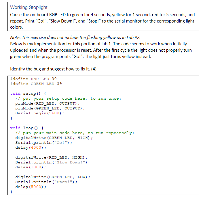Solved Working Stoplight Cause the on-board RGB LED to green | Chegg.com