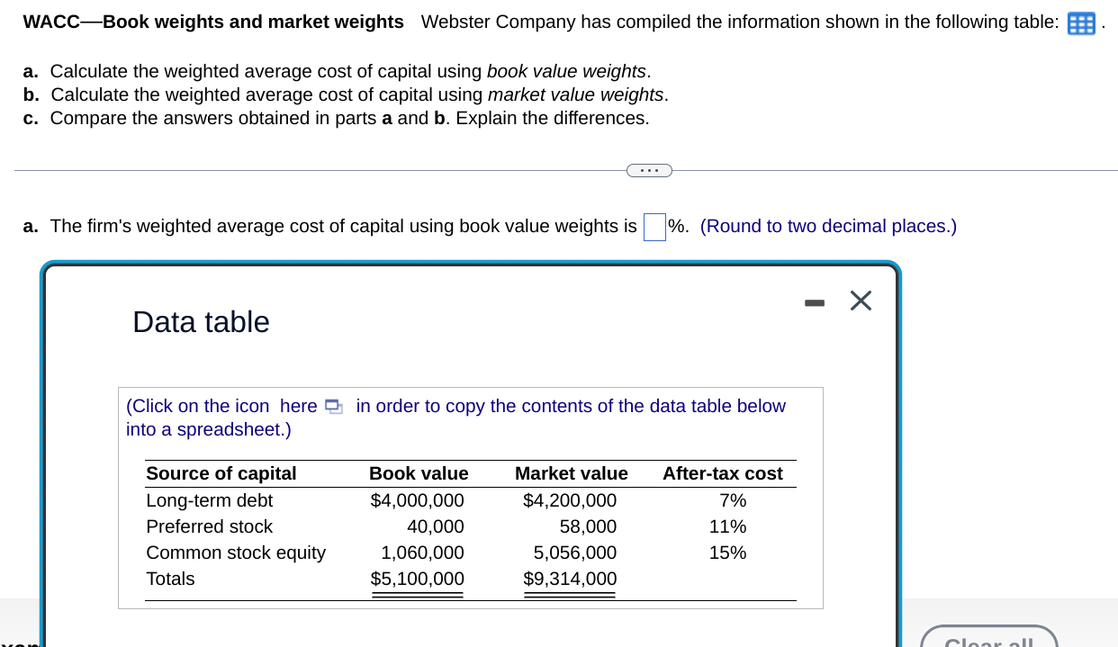 Solved WACC-Book weights and market weights Webster Company | Chegg.com