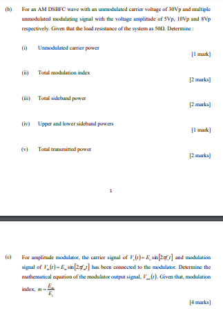 Solved (b) For an AM DSBFC wave with an unmodulated carrier | Chegg.com