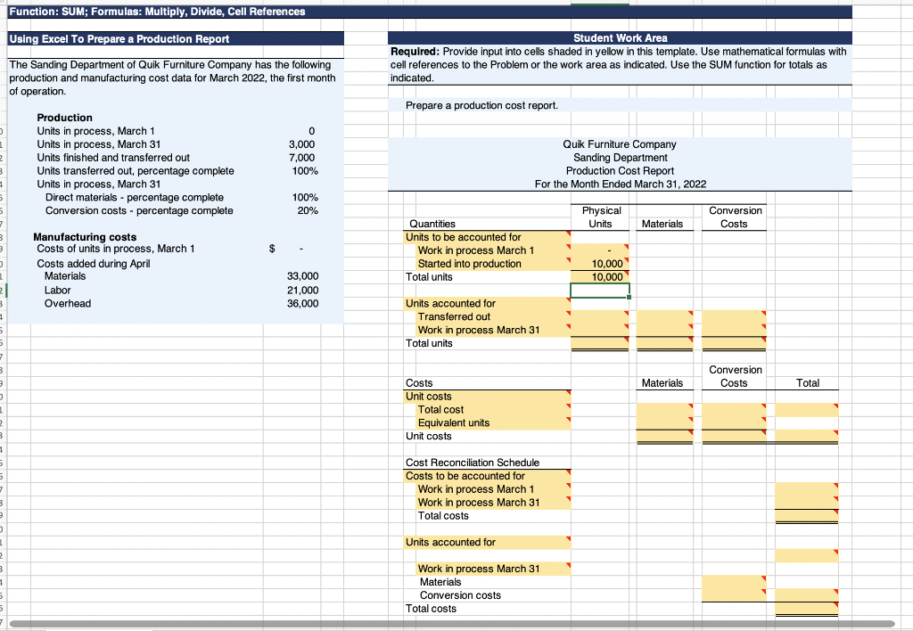 Solved Function: SUM; Formulas: Multiply, Divide, Cell | Chegg.com