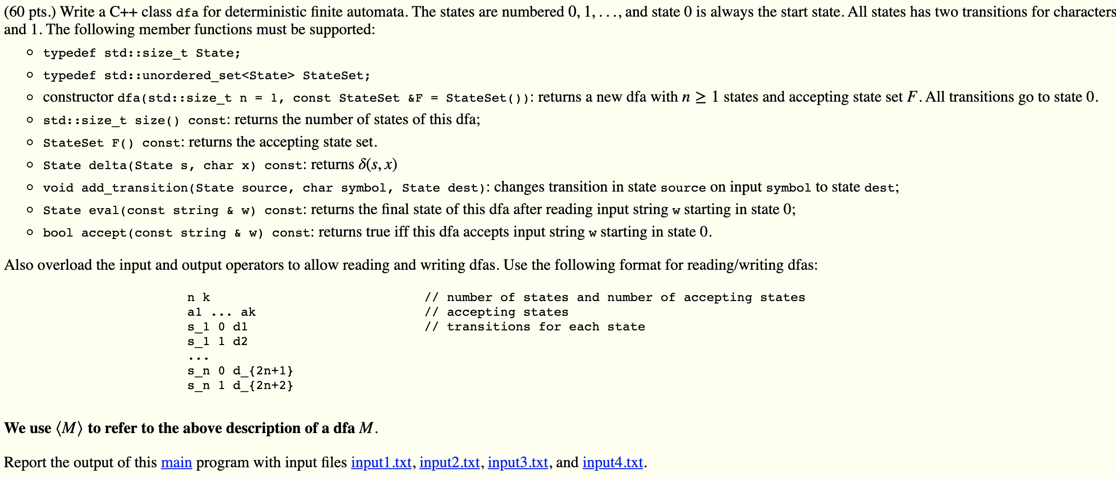 (60 pts.) Write a C++ class dfa for deterministic | Chegg.com
