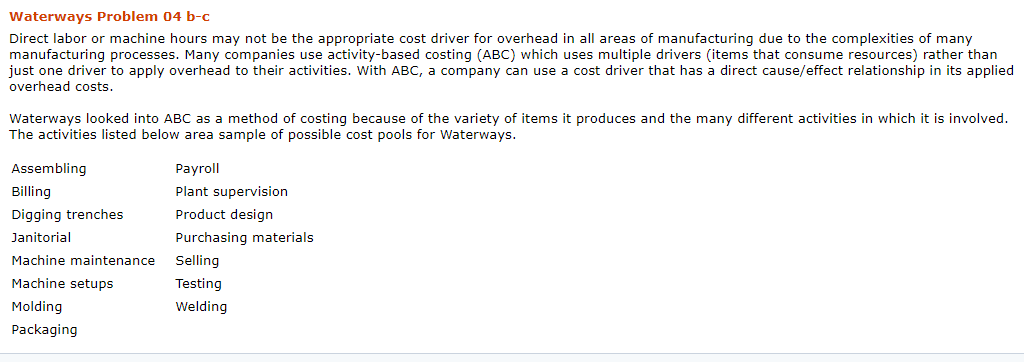 Solved Waterways Problem 04 b-c Direct labor or machine | Chegg.com