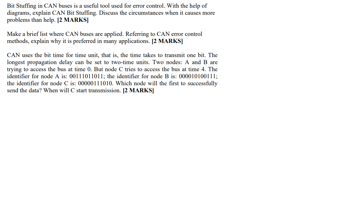 Bit Stuffing in CAN buses is a useful tool used for | Chegg.com