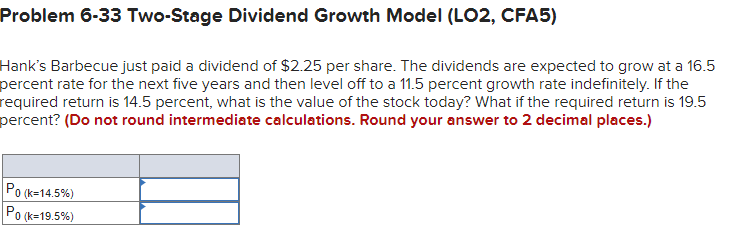 Solved Problem 6-33 Two-Stage Dividend Growth Model (LO2, | Chegg.com