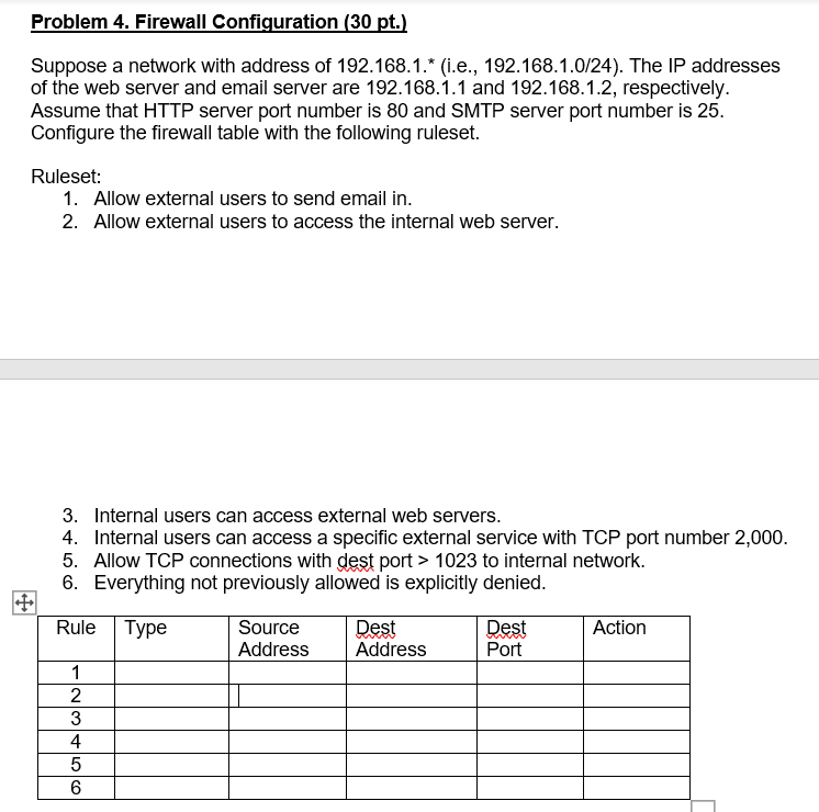 Solved Problem 4. Firewall Configuration (30 pt.) Suppose a | Chegg.com