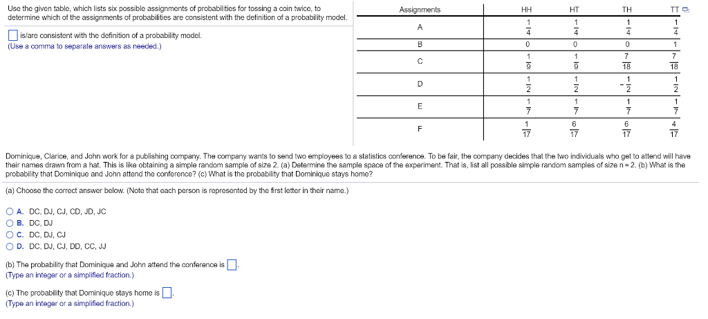 Solved Use The Given Table Which Lists Six Possible 