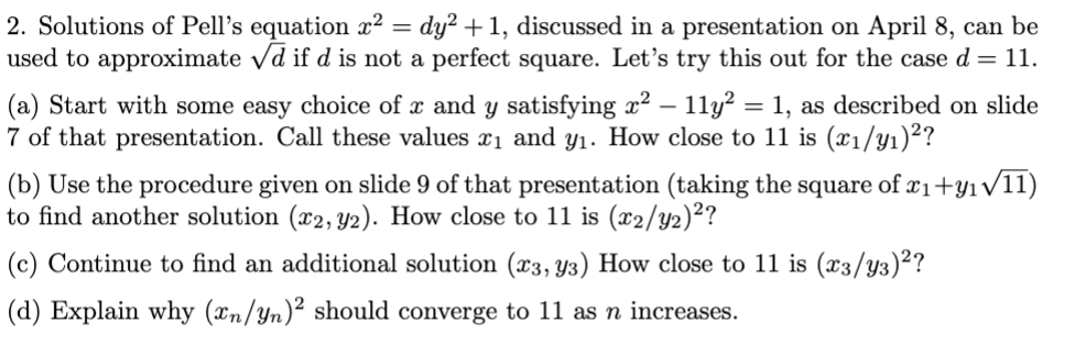 Solved 2. Solutions of Pell's equation x² = dy² + 1, | Chegg.com