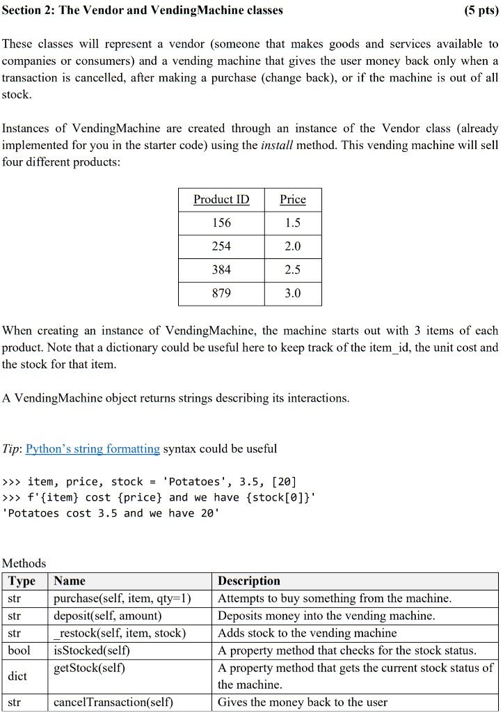 Solved Section 2: The Vendor and Vending Machine classes (5 | Chegg.com