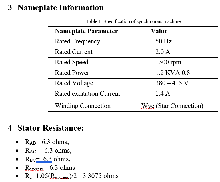 Solved 3 Nameplate Information Table 1. Specification of | Chegg.com