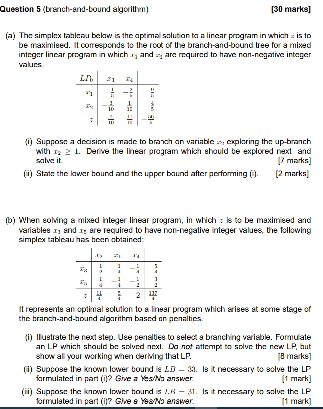Question 5 (branch-and-bound algorithm) [30 marks] | Chegg.com