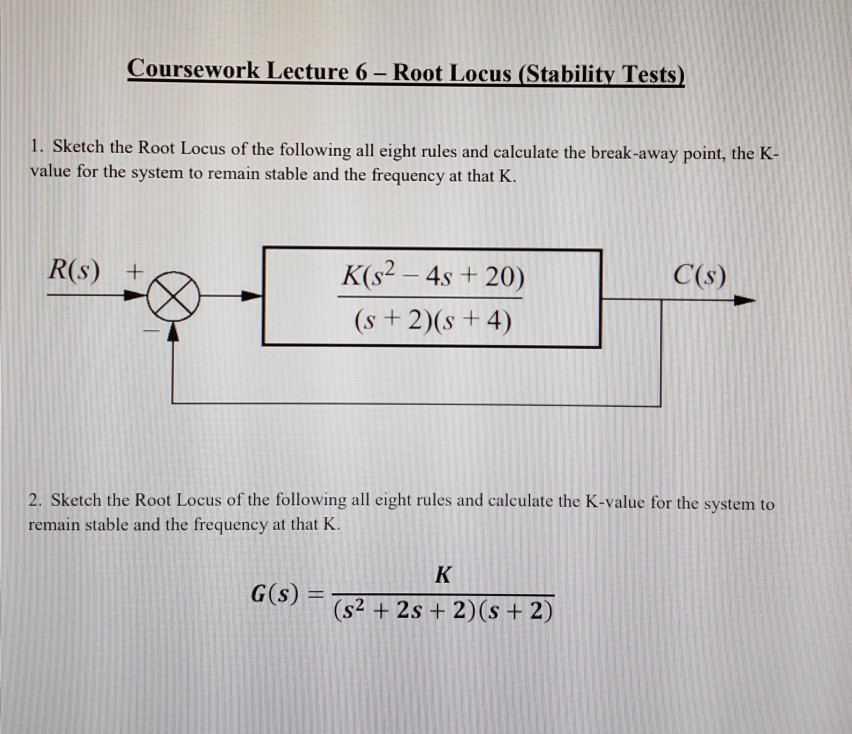 Solved Coursework Lecture 6-Root Locus (Stability Tests) 1. | Chegg.com