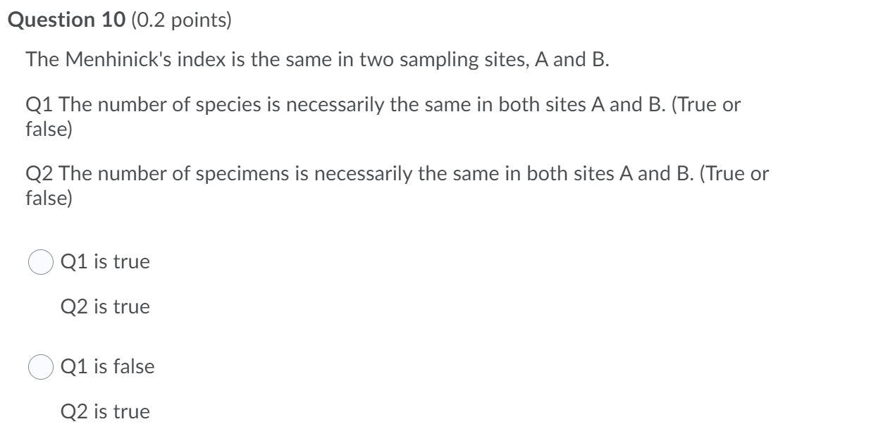 Solved Question 10 (0.2 points) The Menhinick's index is the | Chegg.com