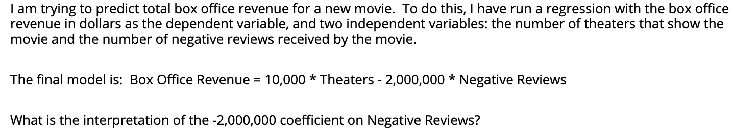 Solved I am trying to predict total box office revenue for a | Chegg.com