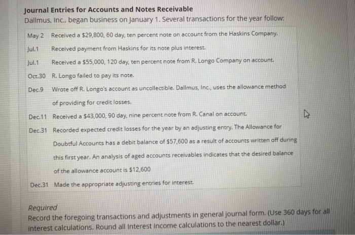 Solved Journal Entries for Accounts and Notes Receivable | Chegg.com