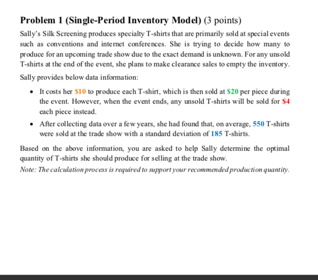 Solved Problem 1 (Single-Period Inventory Model) (3 points) | Chegg.com