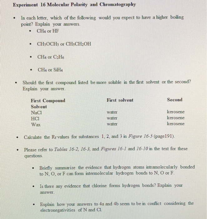 Solved Experiment 16 Molecular Polarity and Chromatography | Chegg.com
