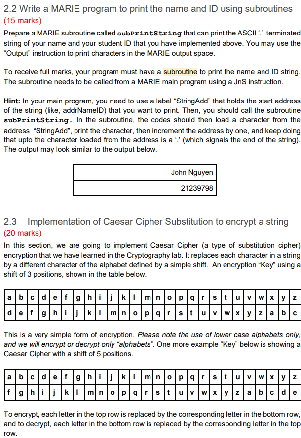 2.1 Write a MARIE program to encode your name and ID | Chegg.com
