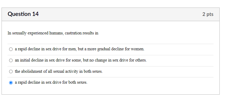 Solved In sexually experienced humans, castration results in | Chegg.com