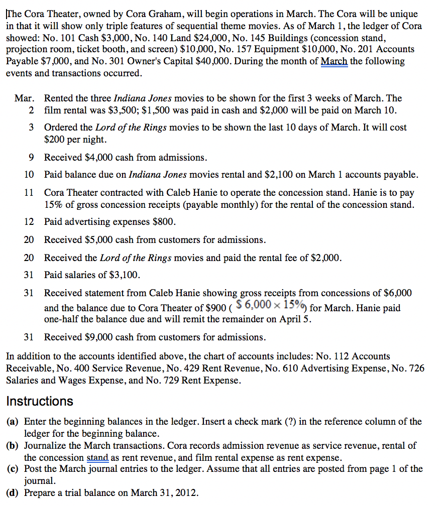 Solved The Cora Theater, owned by Cora Graham, will begin | Chegg.com