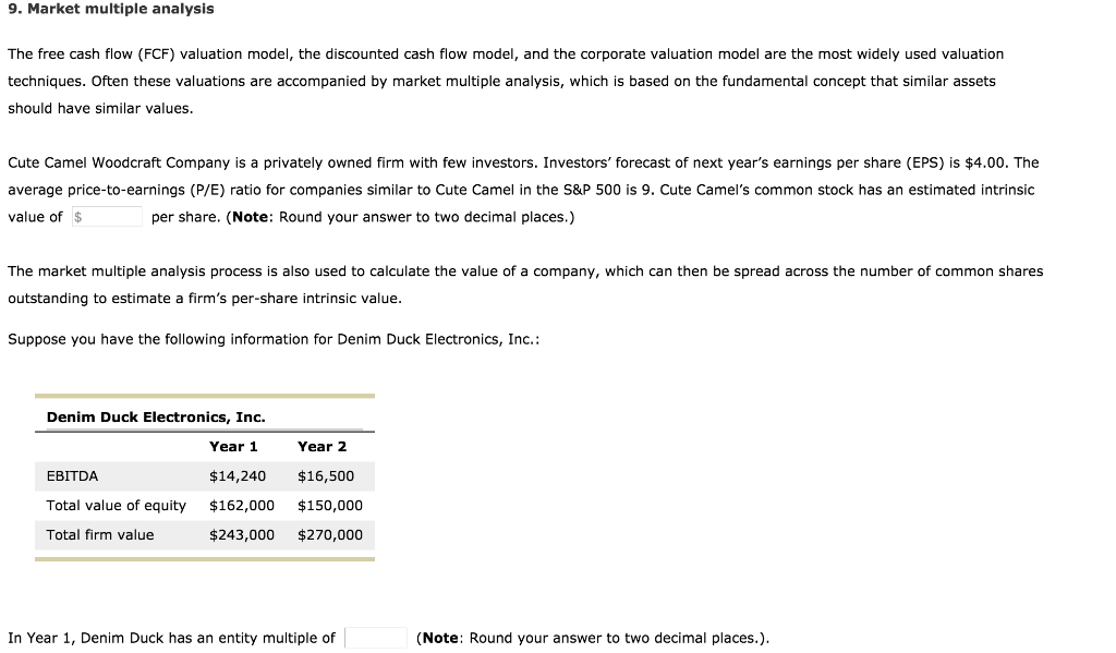 Solved 9. Market multiple analysis The free cash flow (FCF) | Chegg.com