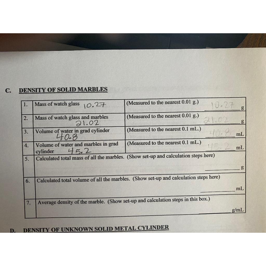 Solved C. DENSITY OF SOLID MARBLES 1. 2. 3 . Mass of watch | Chegg.com
