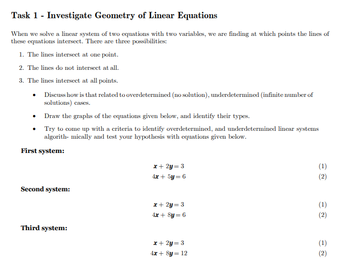 Solved Task 1 - Investigate Geometry of Linear Equations | Chegg.com