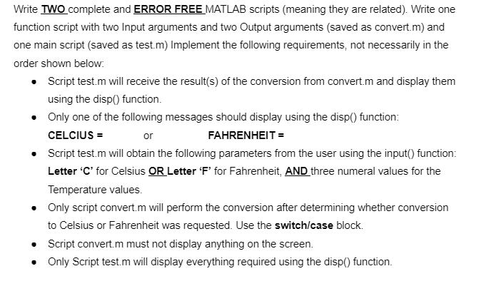 Solved Write TWO complete and ERROR FREE MATLAB scripts | Chegg.com