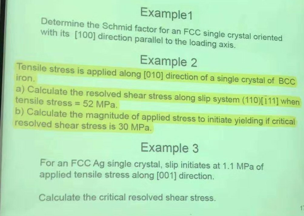 Solved Example1 Determine the Schmid factor for an FCC | Chegg.com