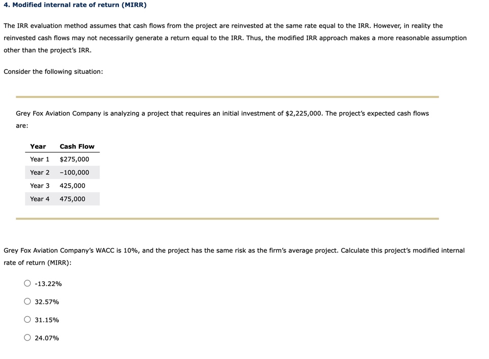 Solved 4. Modified internal rate of return (MIRR) The IRR | Chegg.com