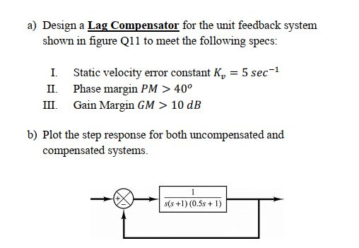 Solved a) Design a Lag Compensator for the unit feedback | Chegg.com