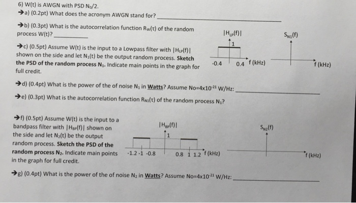 Solved 6) W(t) is AWGN with PSD No/2. >a) (0.2pt) What does | Chegg.com