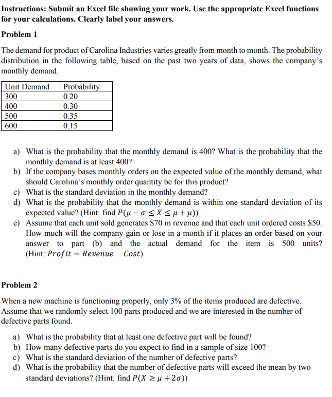 Solved Instructions: Submit an Excel file showing your work. | Chegg.com