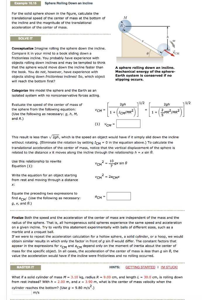Solved Example 10.15 Sphere Rolling Down an Incline For the | Chegg.com