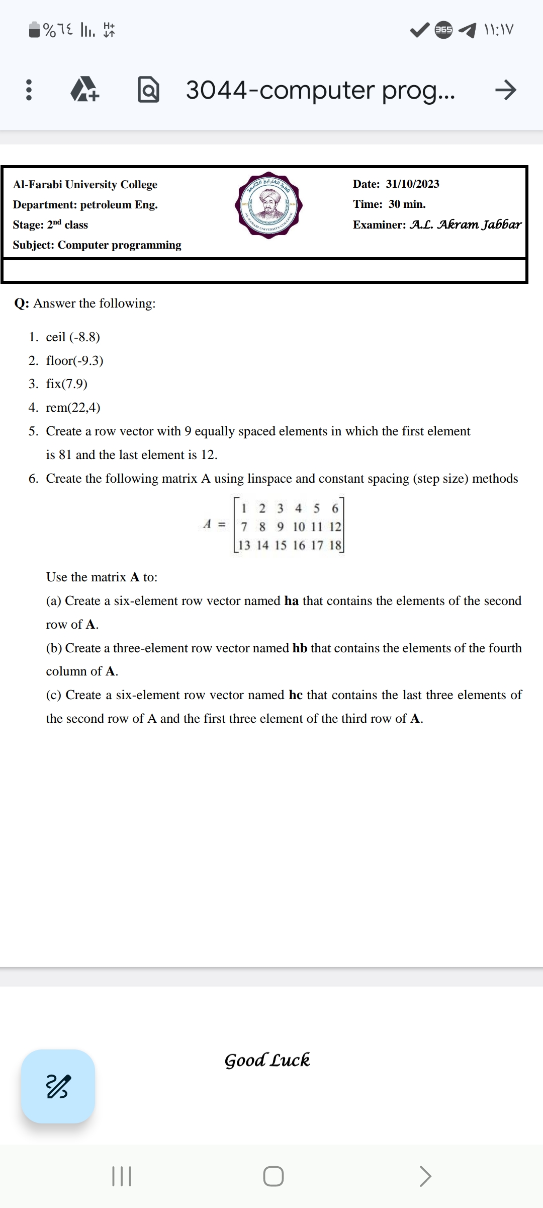 Solved Q: Answer the following:ceil (-8.8)floor( -9.3 | Chegg.com