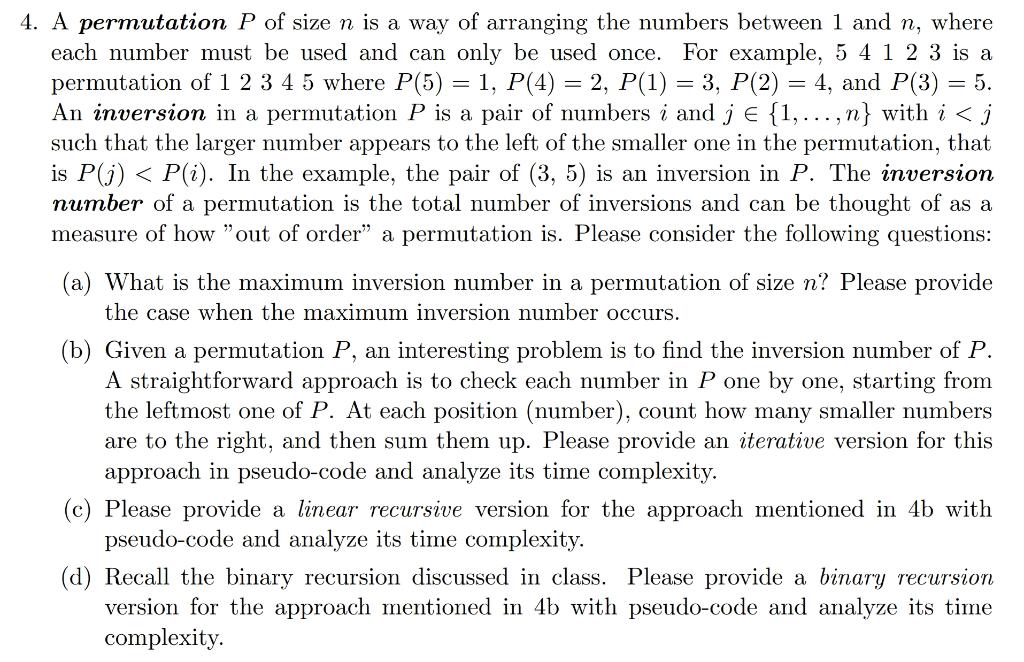 Solved 1. A permutation P of size n is a way of arranging | Chegg.com