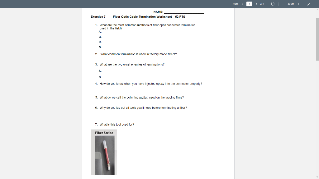Solved Page > of 3 0 - ZOOM + Exercise 7 NAME: Fiber Optic | Chegg.com