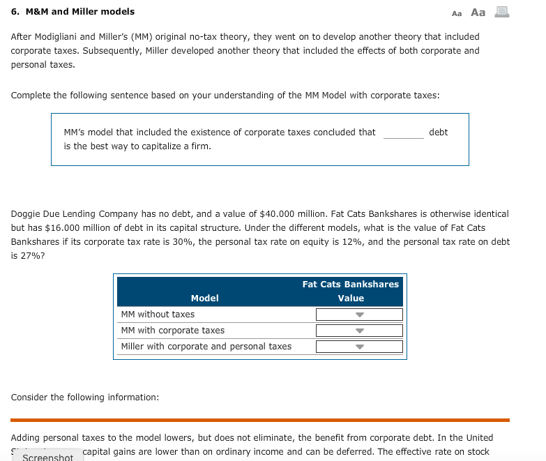 Solved 6. M&M and Miller models Aa Aa E After Modigliani and | Chegg.com