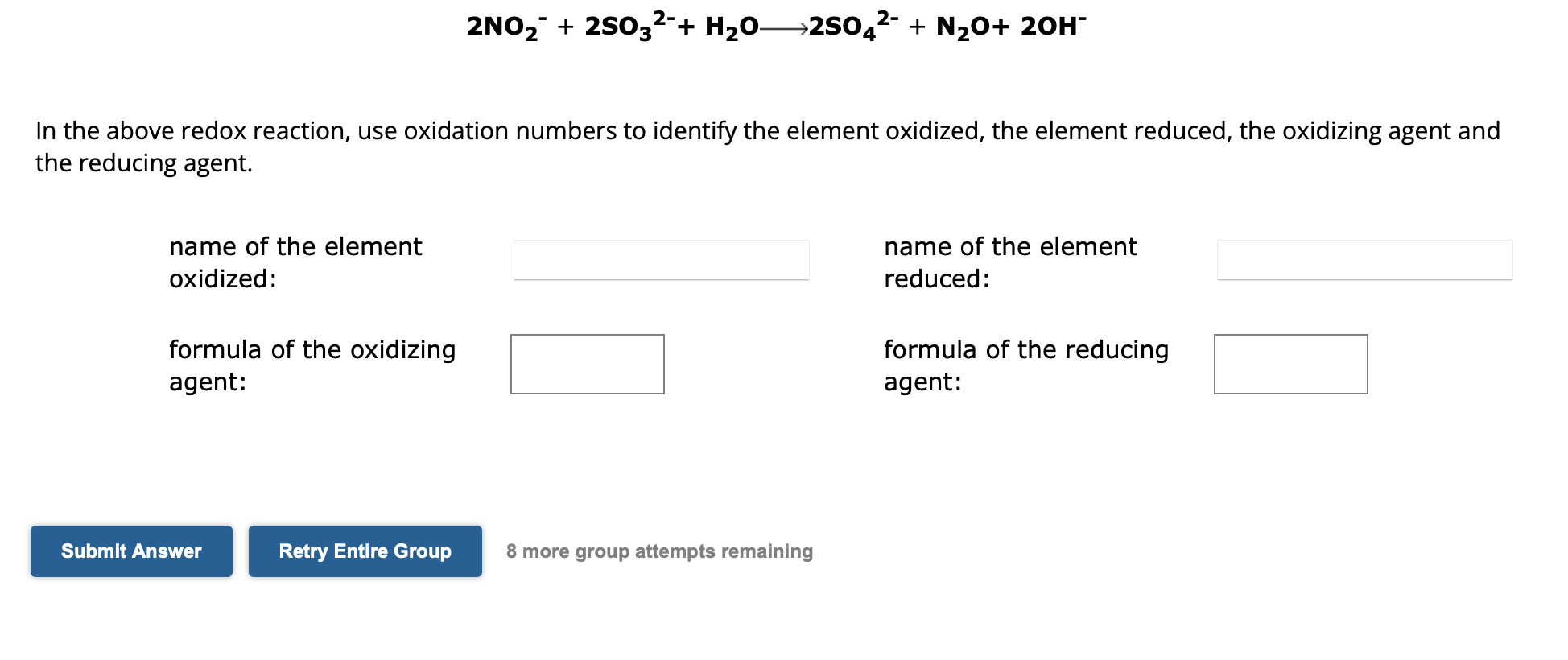 Solved 2NO2−+2SO32−+H2O 2SO42−+N2O+2OH− In the above redox | Chegg.com