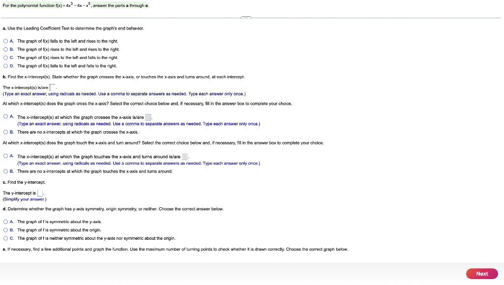 Solved For the polynomial function f(x)=4x3−4x−x5, answer | Chegg.com